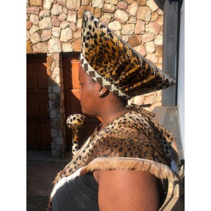 Leopard Print Zulu Isicholo Hat, Beaded Chestguard & 90cm Knobkerrie ...