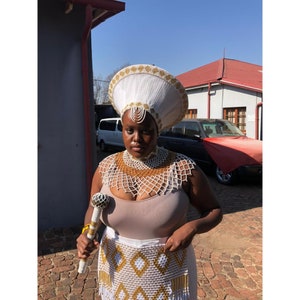 Handcrafted White and Gold Zulu Isicholo Hat Set With Skirt, Necklace ...