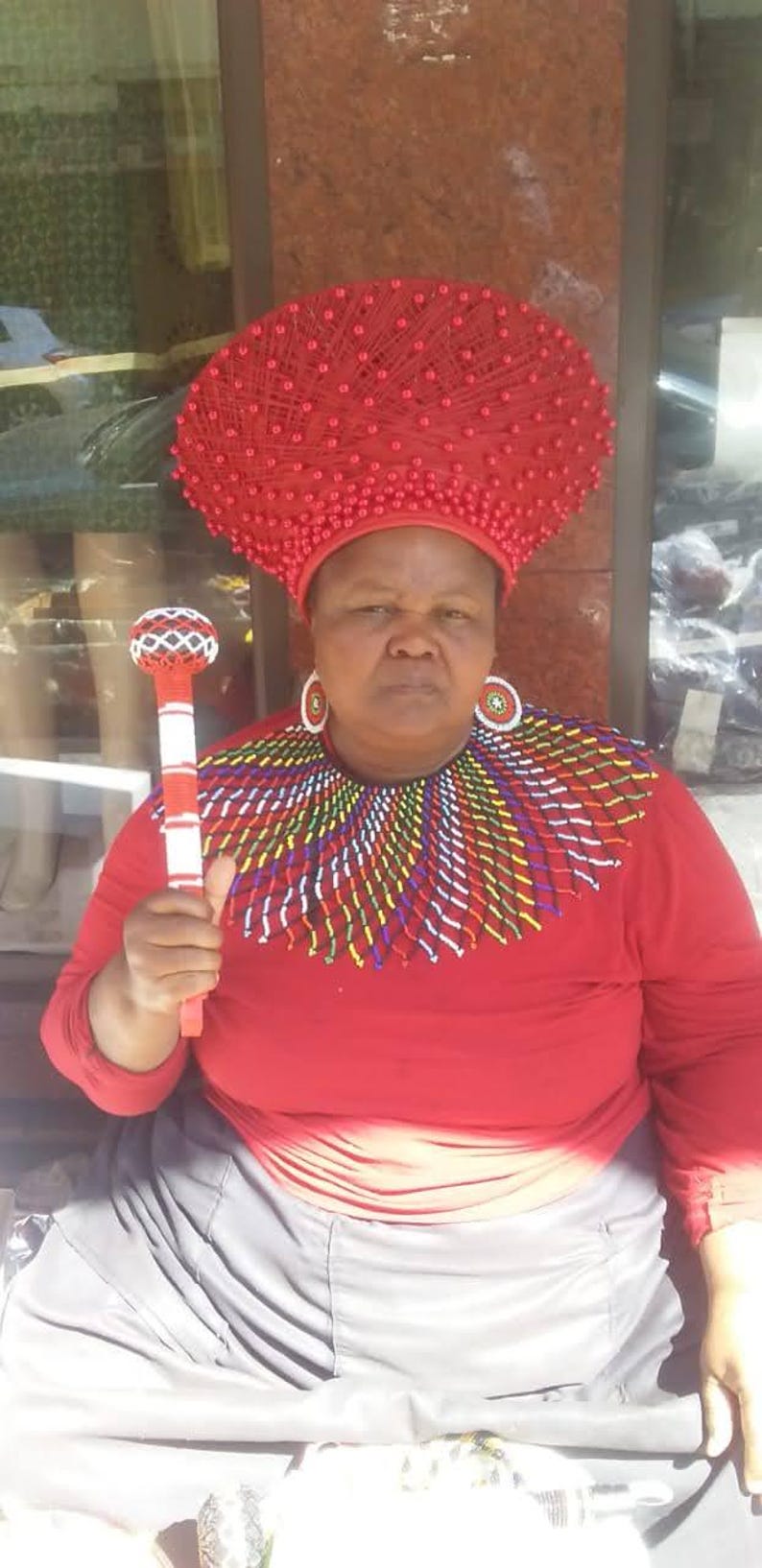 Rare 3-in-1 Woven RED Zulu Isicholo Hat With Gold Pearls, Necklace ...