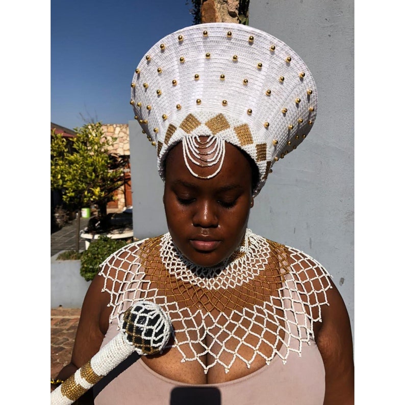 White and Gold Zulu Isicholo Hat Set With Skirt, Necklace, Knobkerrie ...