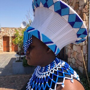 4 in 1 Blue and White Zulu Isicholo Hat Set| Traditional African ...