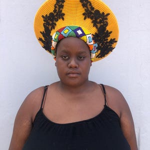 Handcrafted Yellow Zulu Isicholo Hat - Embellished With Black Flowers ...