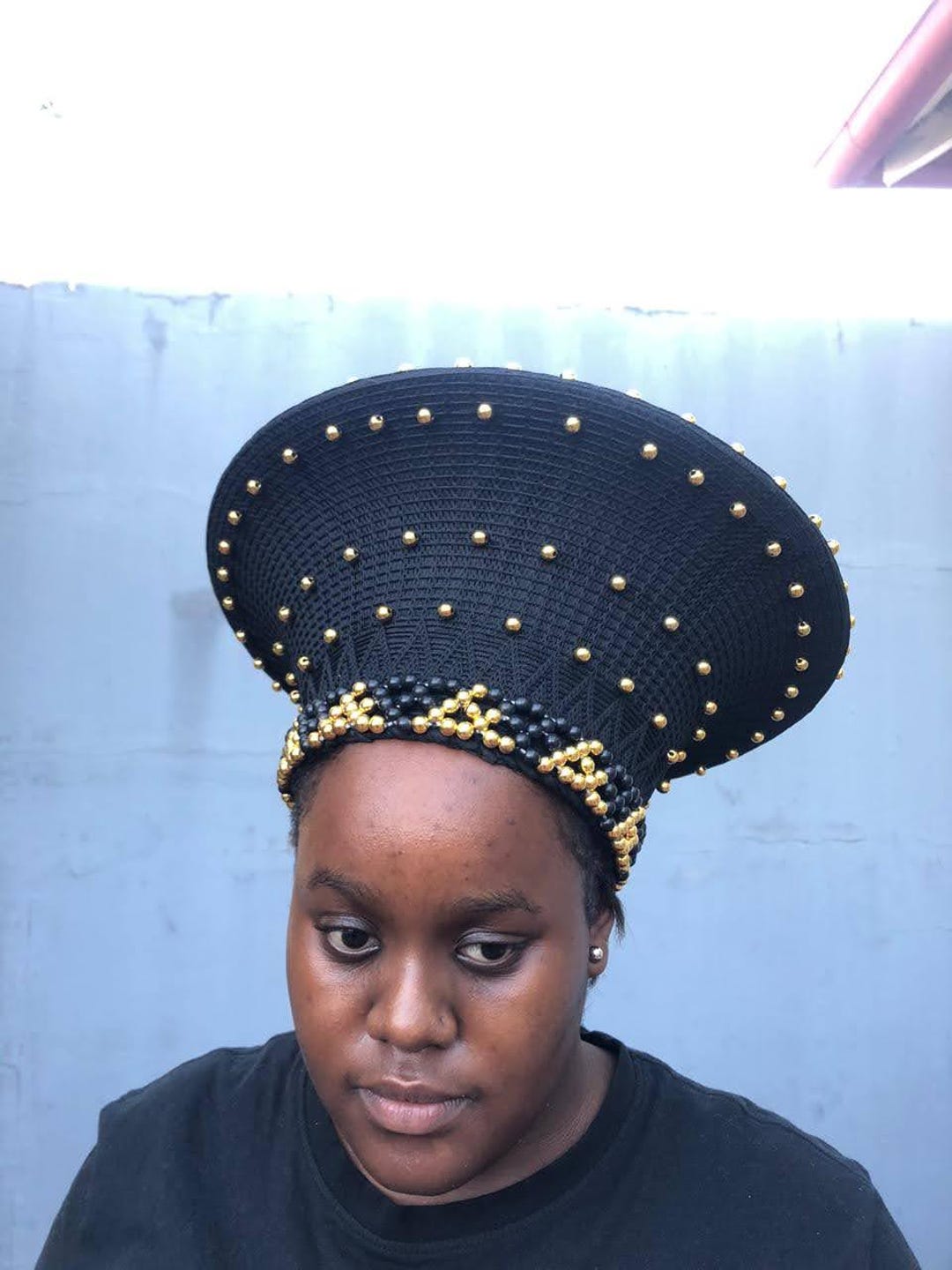 Handcrafted Black Zulu Isicholo Hat With Gold and Black Pearls ...