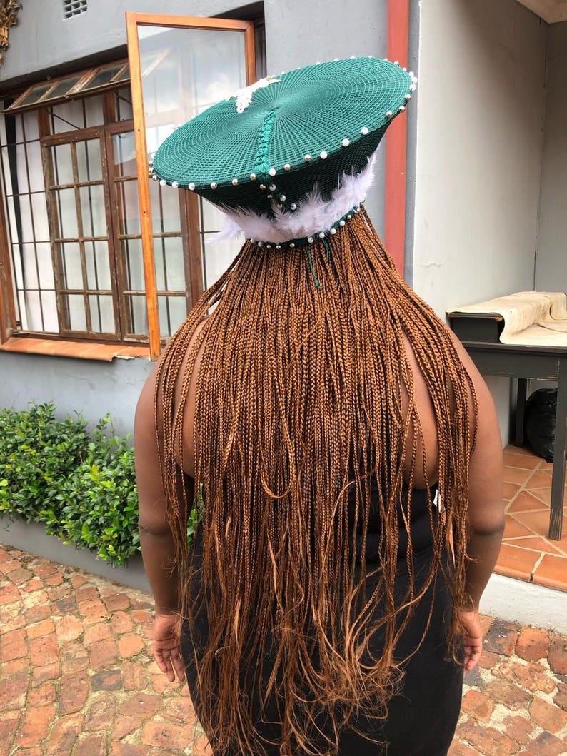 Handcrafted Green Zulu Isicholo Hat – Embellished With Gold & Silver ...