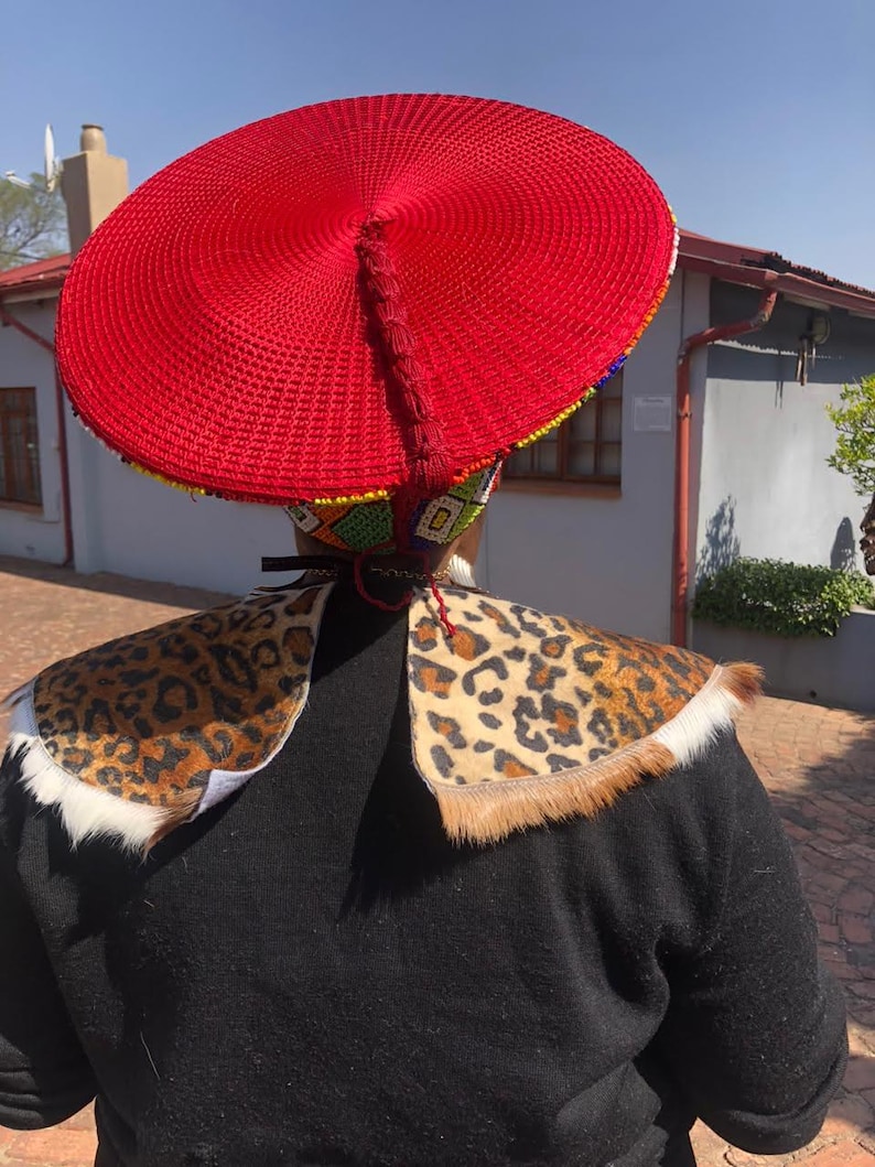 4-piece Double Framed Red Zulu Isicholo Hat, Isipango Chestguard, Gold ...