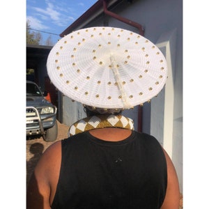 4 in 1 Gold and White Isicholo Zulu Hat, Ndebele Isigolwani Hoop Set ...