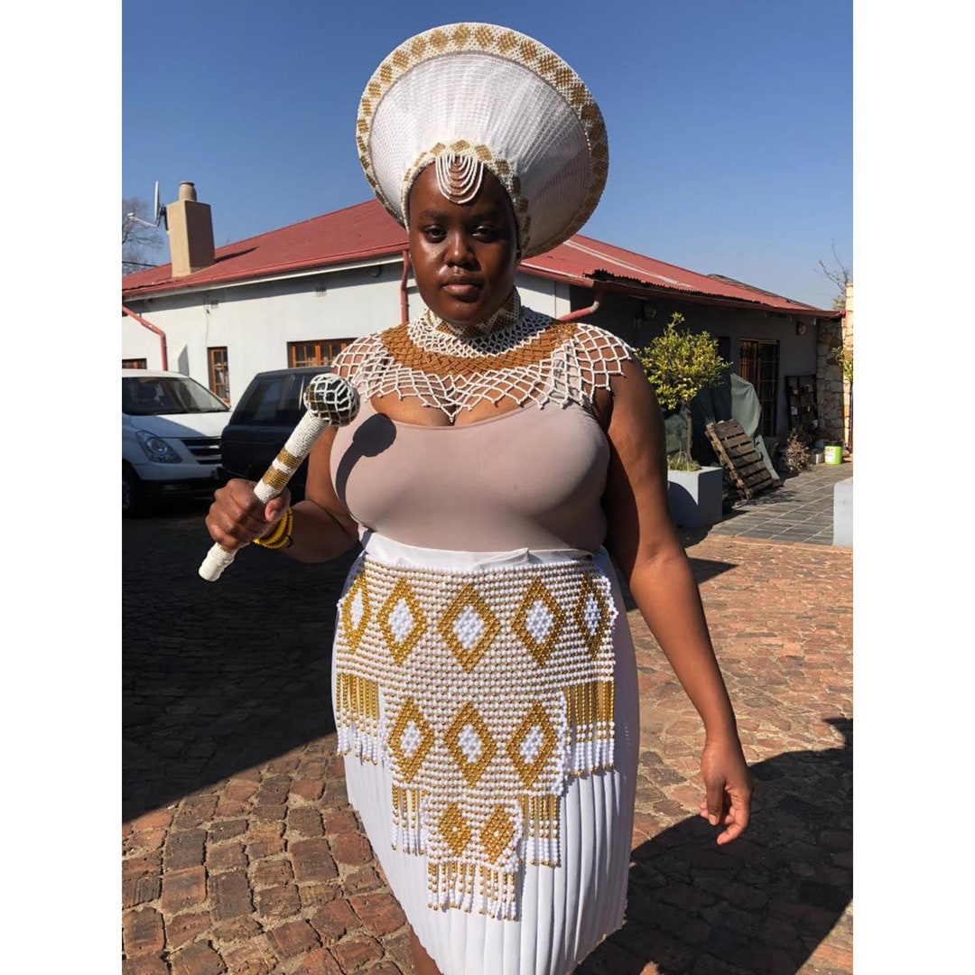 Handcrafted White and Gold Zulu Isicholo Hat Set With Skirt, Necklace ...