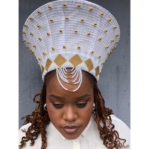 3 in 1 White and Gold Zulu Hati Large Zulu Hat|african Hat| Isicholo ...
