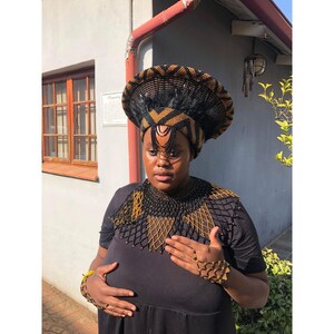 3 in 1 Gold and Black Zulu Isicholo Hat Set| Traditional African ...