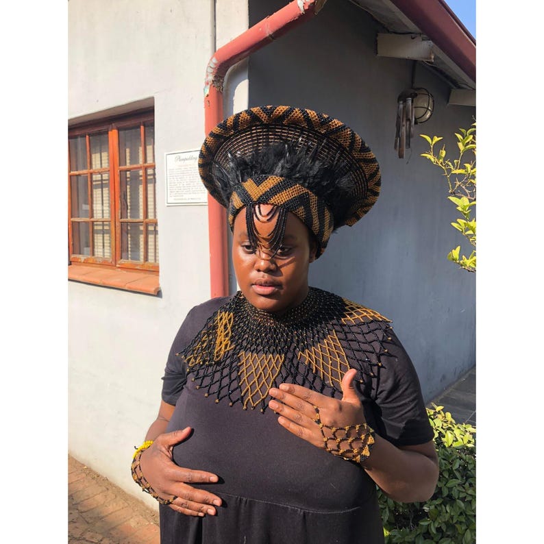 3 in 1 Gold and Black Zulu Isicholo Hat Set| Traditional African ...