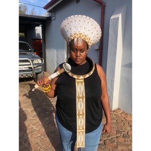 4 in 1 Gold and White Isicholo Zulu Hat, Ndebele Isigolwani Hoop Set ...