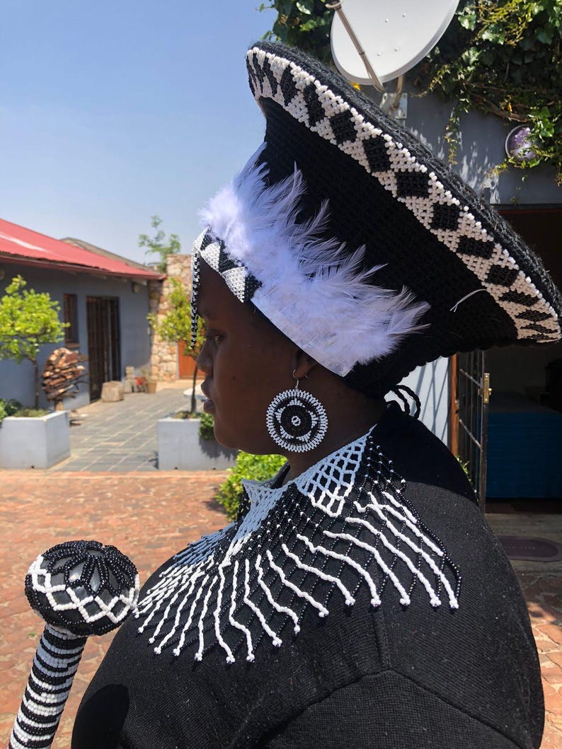 8-piece Black and White Zulu Hat, Necklace, Earrings, Gloves, Skirt ...