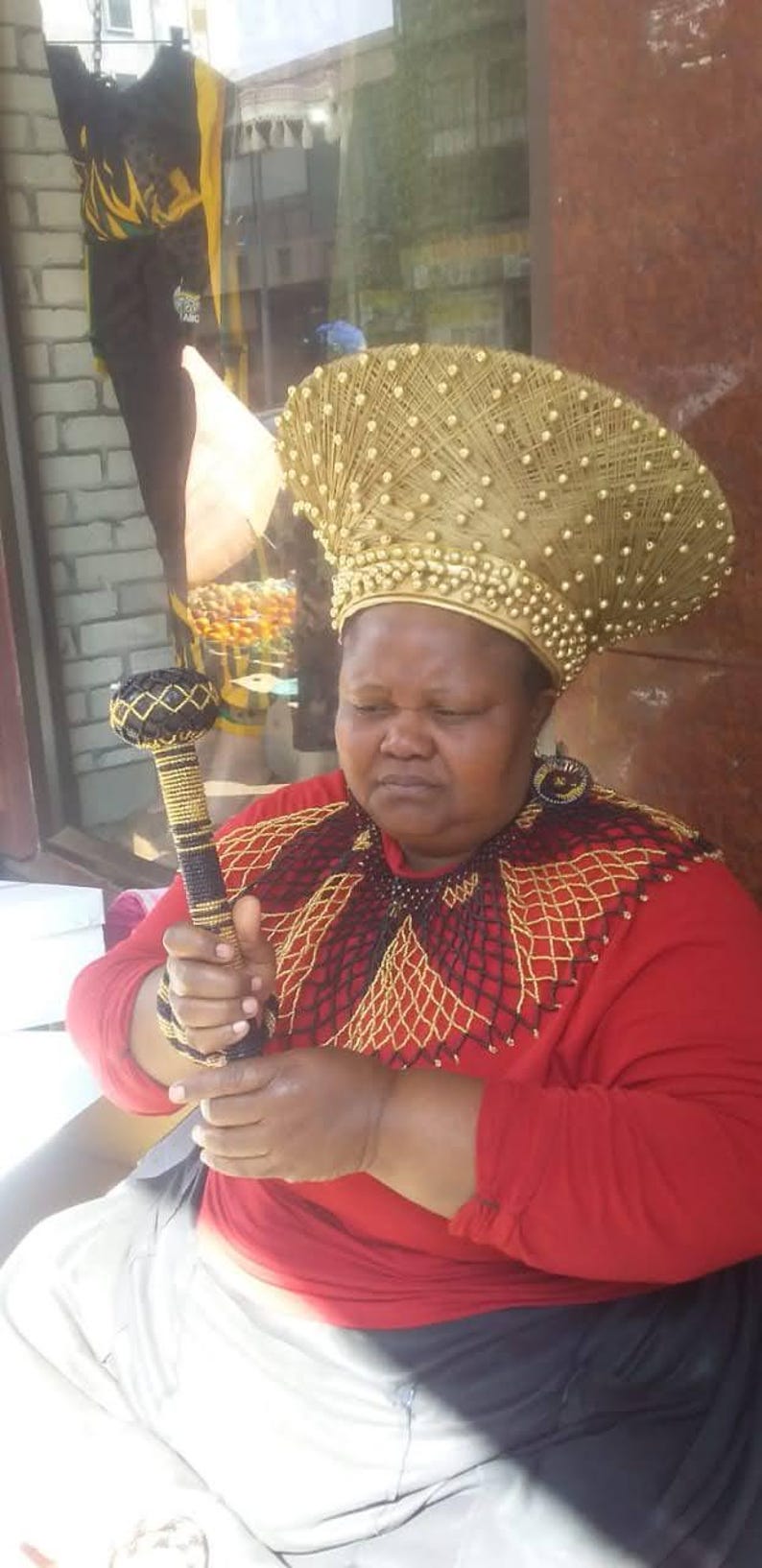 Rare 3-in-1 Woven Gold Zulu Isicholo Hat With Gold Pearls, Necklace ...