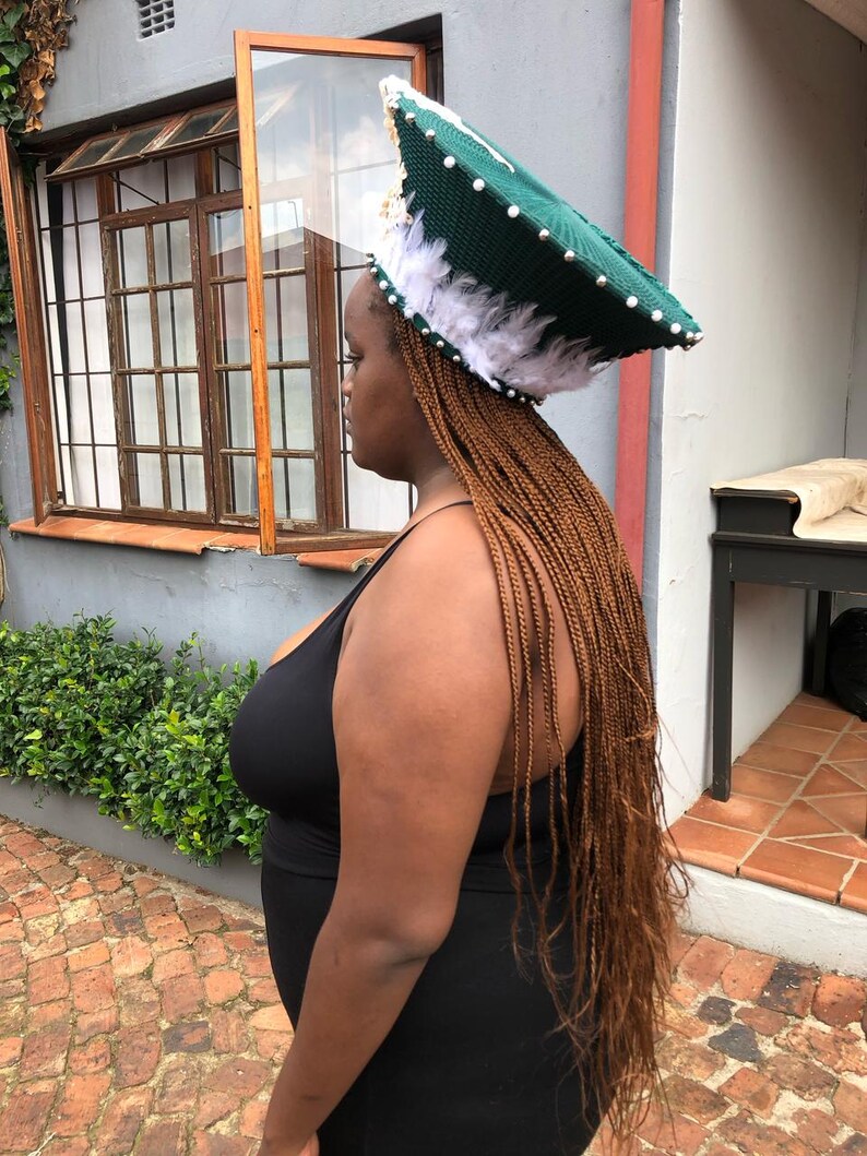 Handcrafted Green Zulu Isicholo Hat – Embellished With Gold & Silver ...
