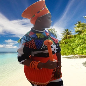 6 in 1 Orange Pleated Traditional Zulu Skirt, Necklace, Hat and Glove ...