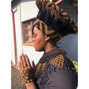 3 in 1 Gold and Black Zulu Isicholo Hat Set| Traditional African ...