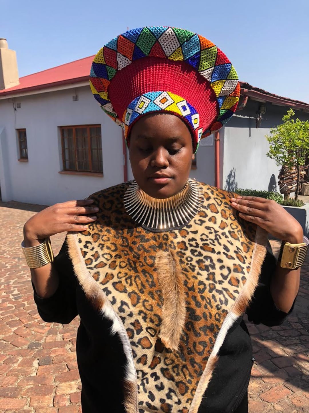 4-piece Double Framed Red Zulu Isicholo Hat, Isipango Chestguard, Gold ...