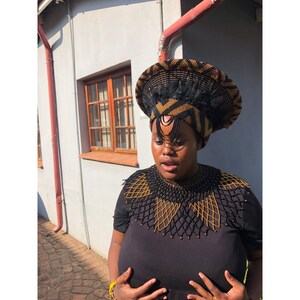 3 in 1 Gold and Black Zulu Isicholo Hat Set| Traditional African ...