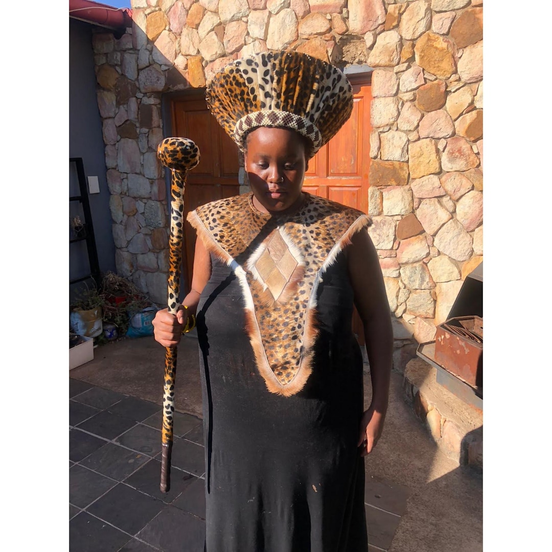 Leopard Print Zulu Isicholo Hat, Beaded Chestguard & 90cm Knobkerrie ...