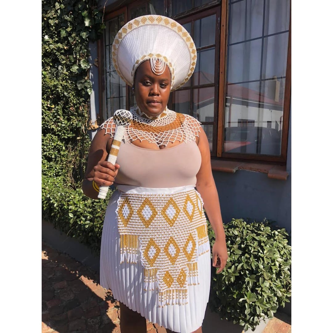 Handcrafted White and Gold Zulu Isicholo Hat Set With Skirt, Necklace ...