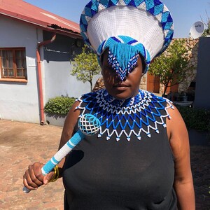 4 in 1 Blue and White Zulu Isicholo Hat Set| Traditional African ...