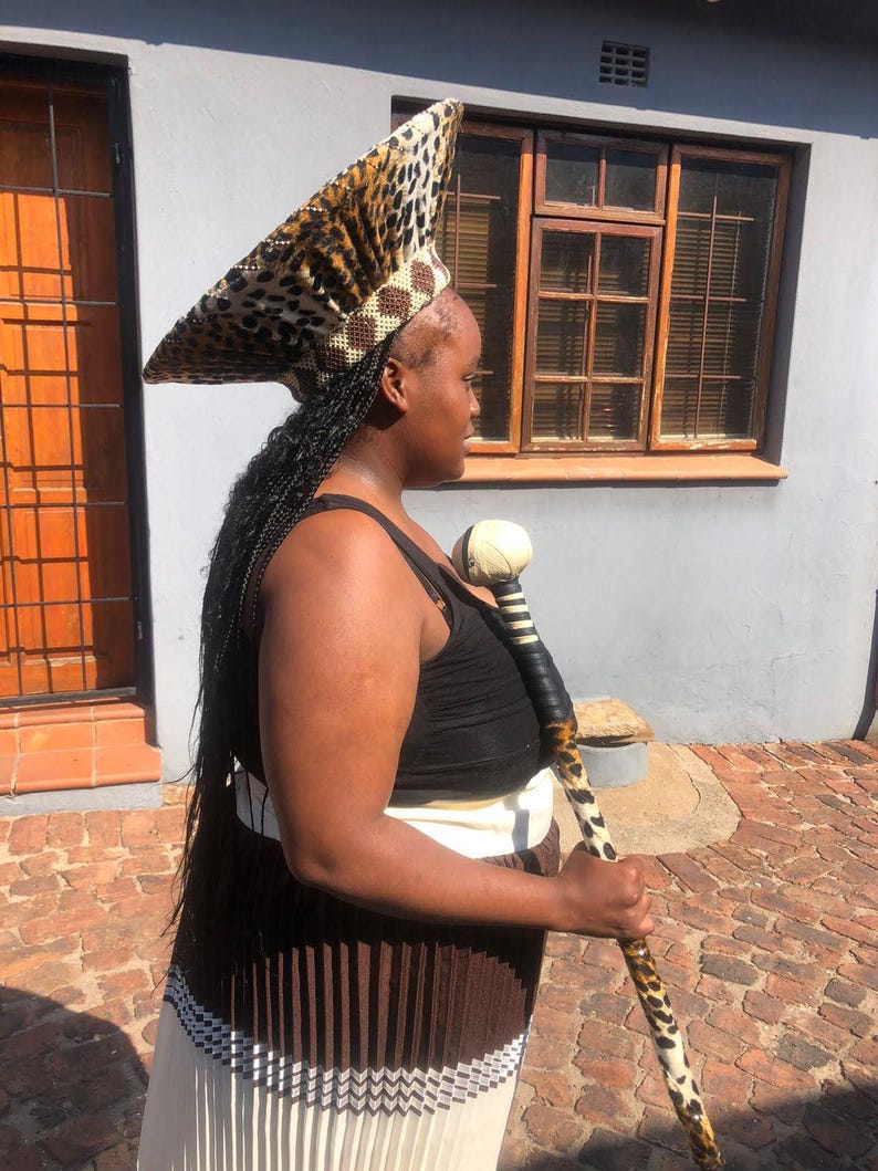 Leopard Print Zulu Isicholo Hat, Skirt & 90cm Knobkerrie Set for Women ...