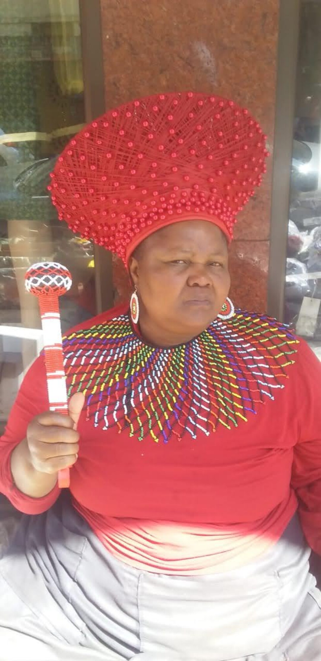 Rare 3-in-1 Woven RED Zulu Isicholo Hat With Gold Pearls, Necklace ...