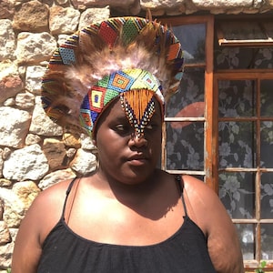 Handcrafted Beaded Orange Zulu Hat With Feathers – Traditional African ...