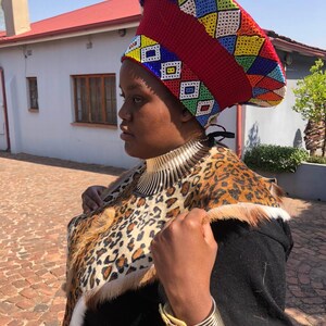 4-piece Double Framed Red Zulu Isicholo Hat, Isipango Chestguard, Gold ...