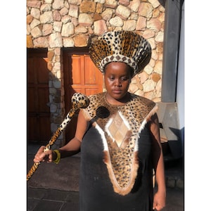 Leopard Print Zulu Isicholo Hat, Beaded Chestguard & 90cm Knobkerrie ...