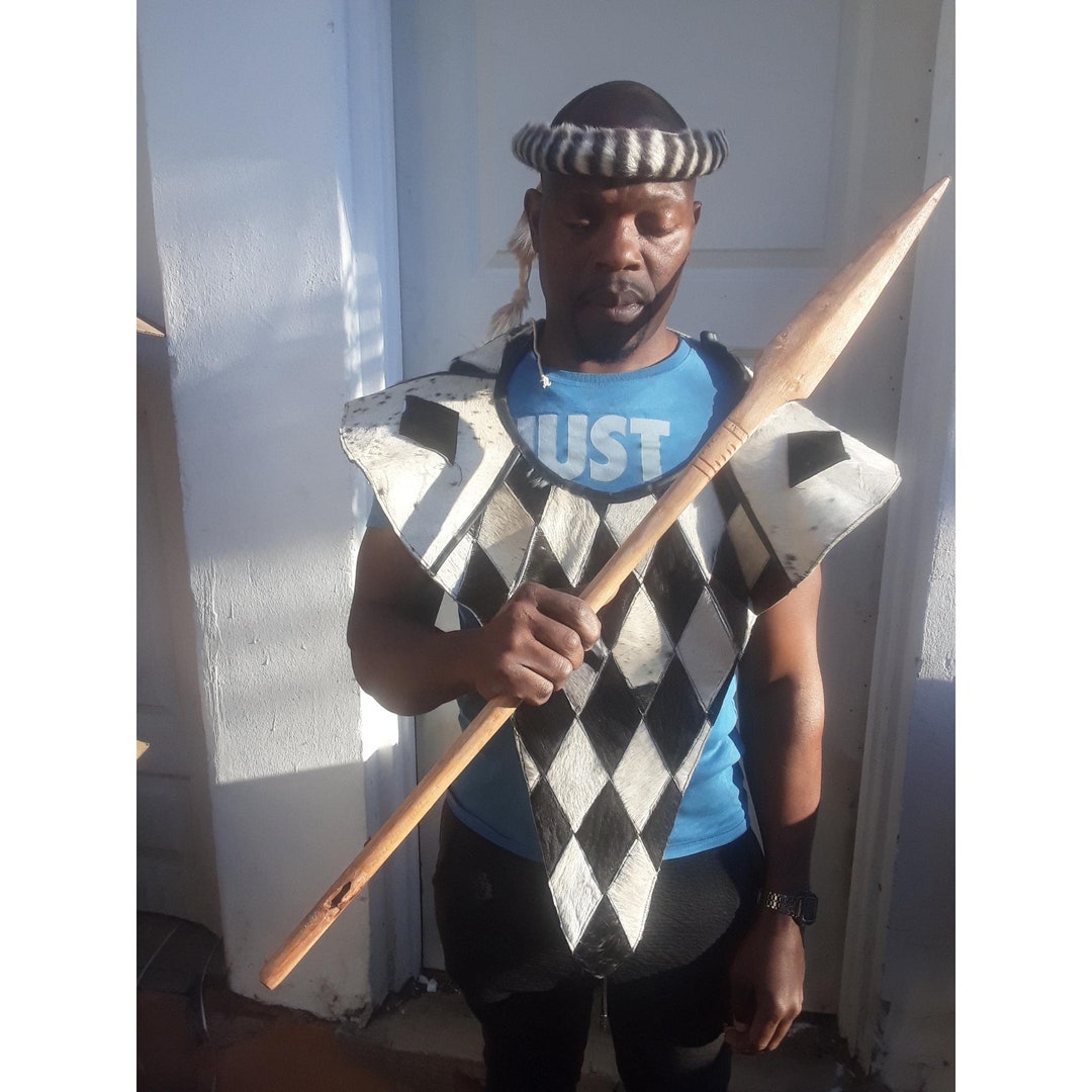 Zulu Mbata Chestguard and Umqhele Headband Set With Wooden Spear ...