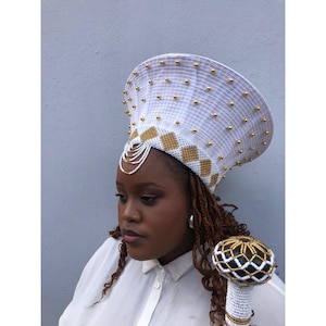 3 in 1 White and Gold Zulu Hati Large Zulu Hat|african Hat| Isicholo ...