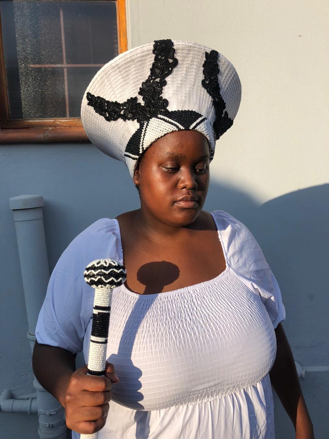 Black and White Zulu Isicholo Hat With Beaded Knobkerrie Stick ...