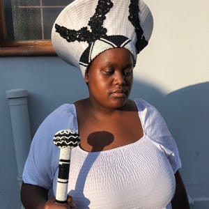 Black and White Zulu Isicholo Hat With Beaded Knobkerrie Stick ...