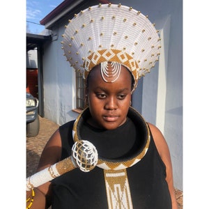 4 in 1 Gold and White Isicholo Zulu Hat, Ndebele Isigolwani Hoop Set ...