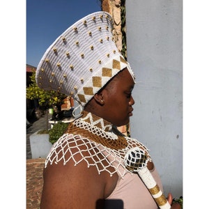 White and Gold Zulu Isicholo Hat Set With Skirt, Necklace, Knobkerrie ...