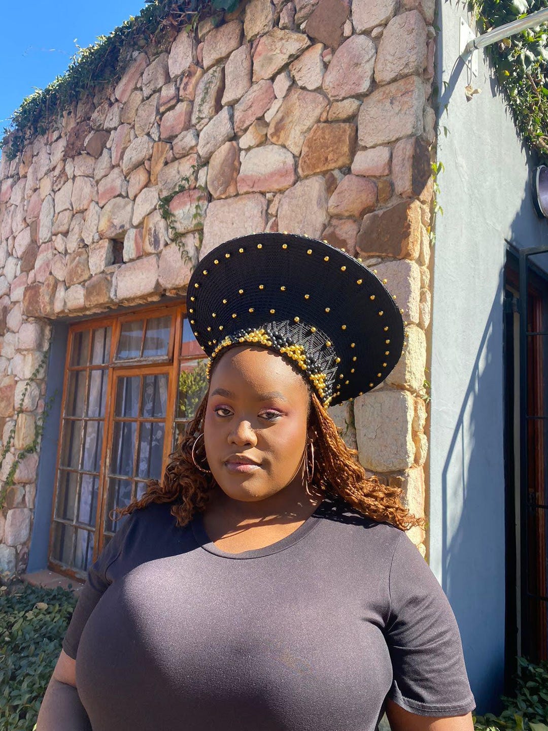 Handcrafted Black Zulu Isicholo Hat With Gold and Black Pearls ...