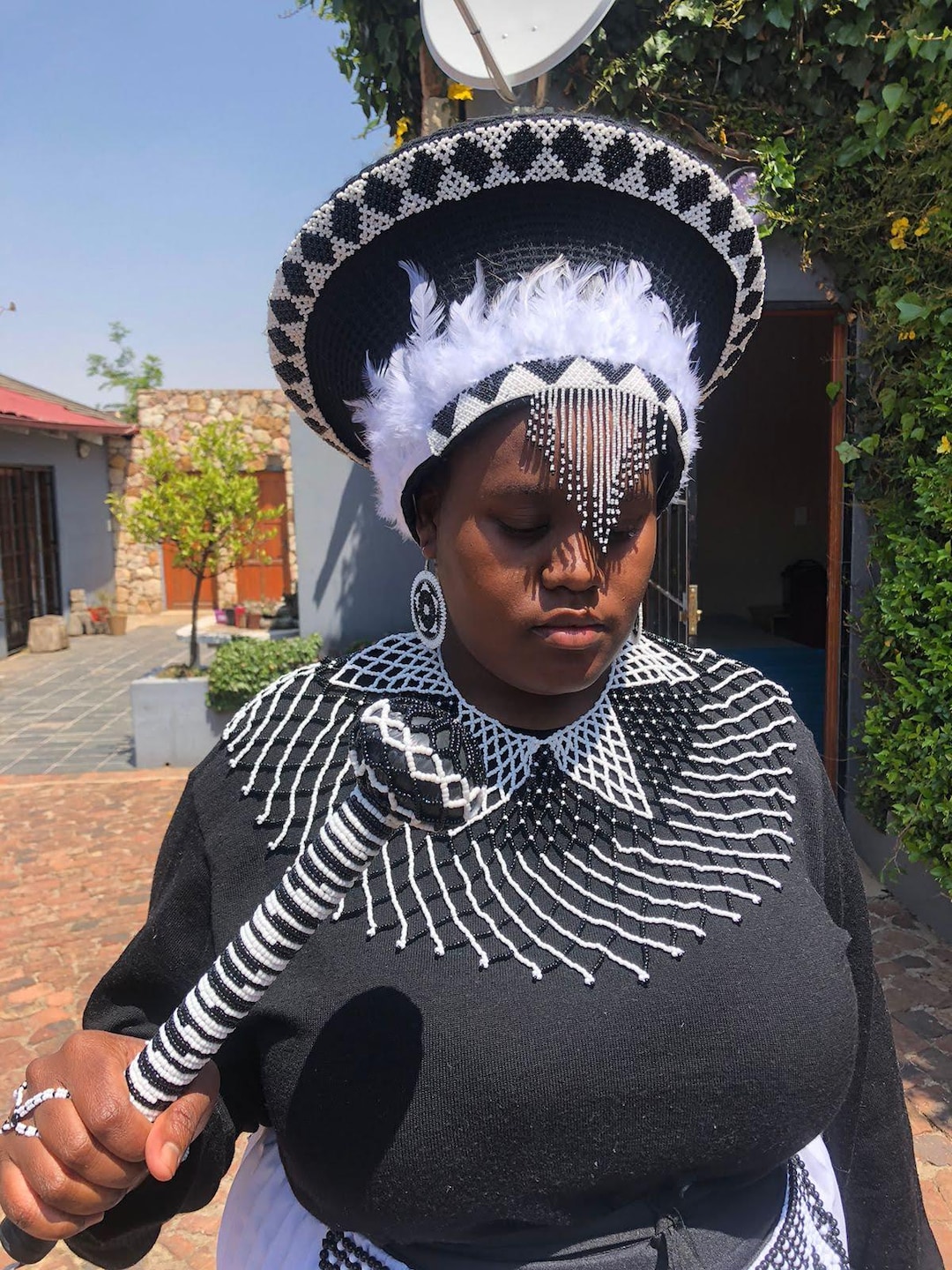 4-piece Black and White Zulu Hat, Necklace, Earrings, and Gloves Set - Etsy