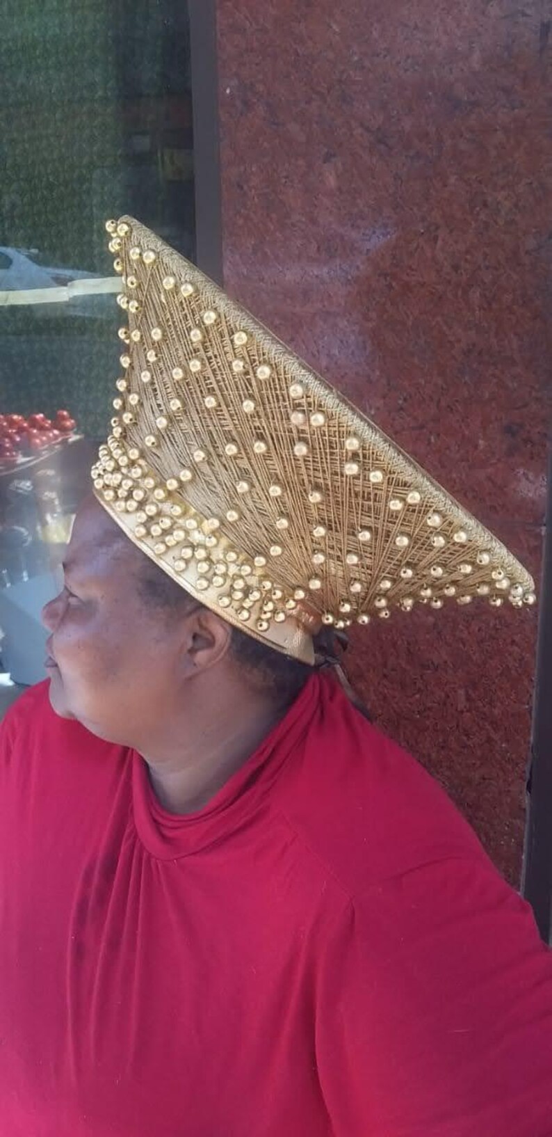 Rare 3-in-1 Woven Gold Zulu Isicholo Hat With Gold Pearls, Necklace ...
