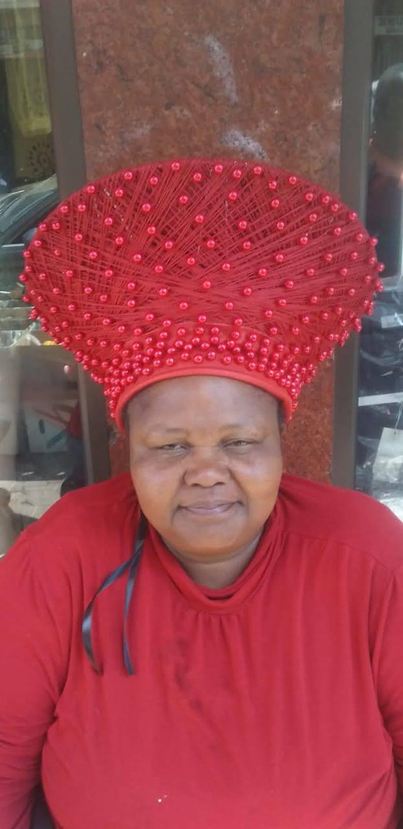 Rare 3-in-1 Woven RED Zulu Isicholo Hat With Gold Pearls, Necklace ...