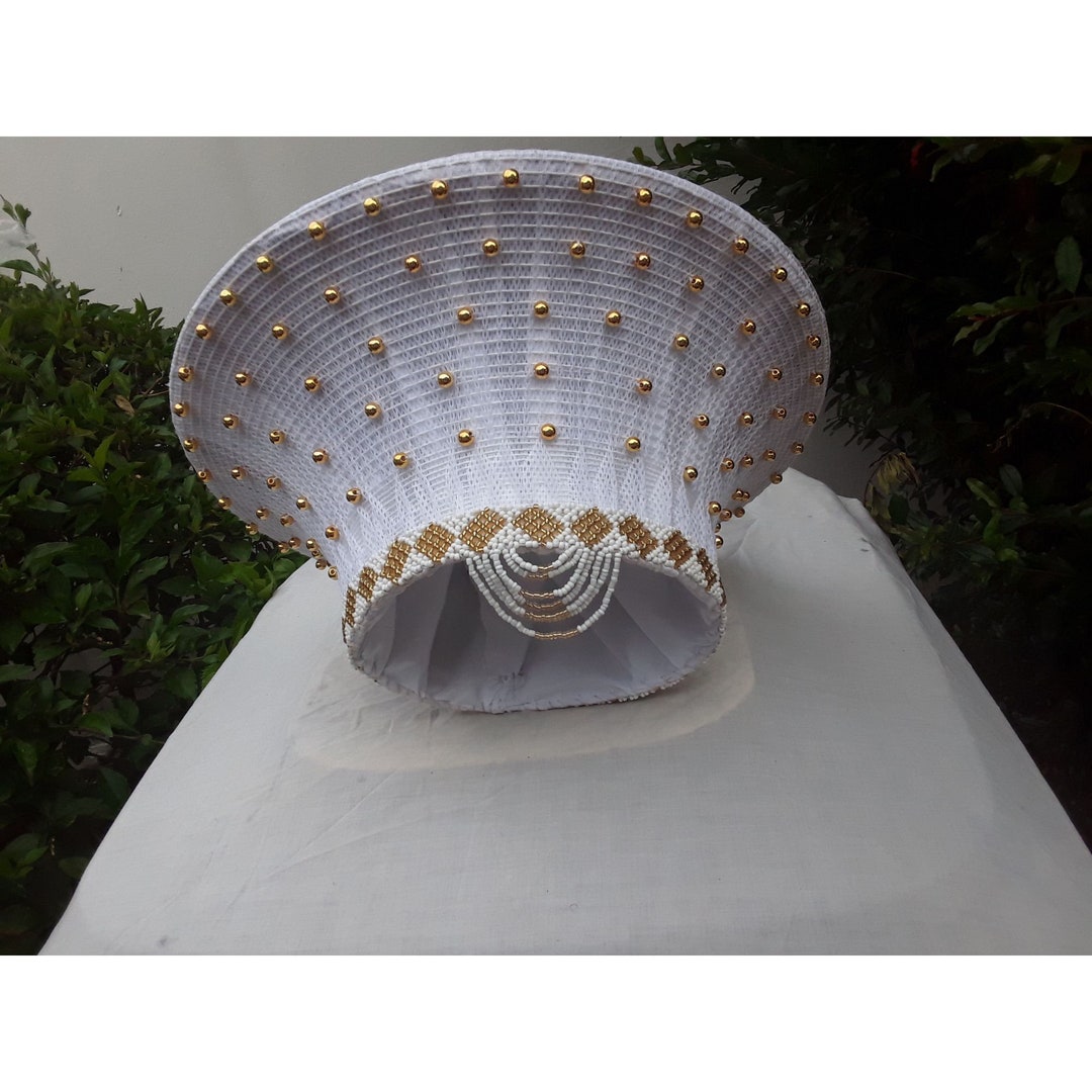 Large White And Gold Zulu Hati Large Zulu Hat African Hat Isicholo