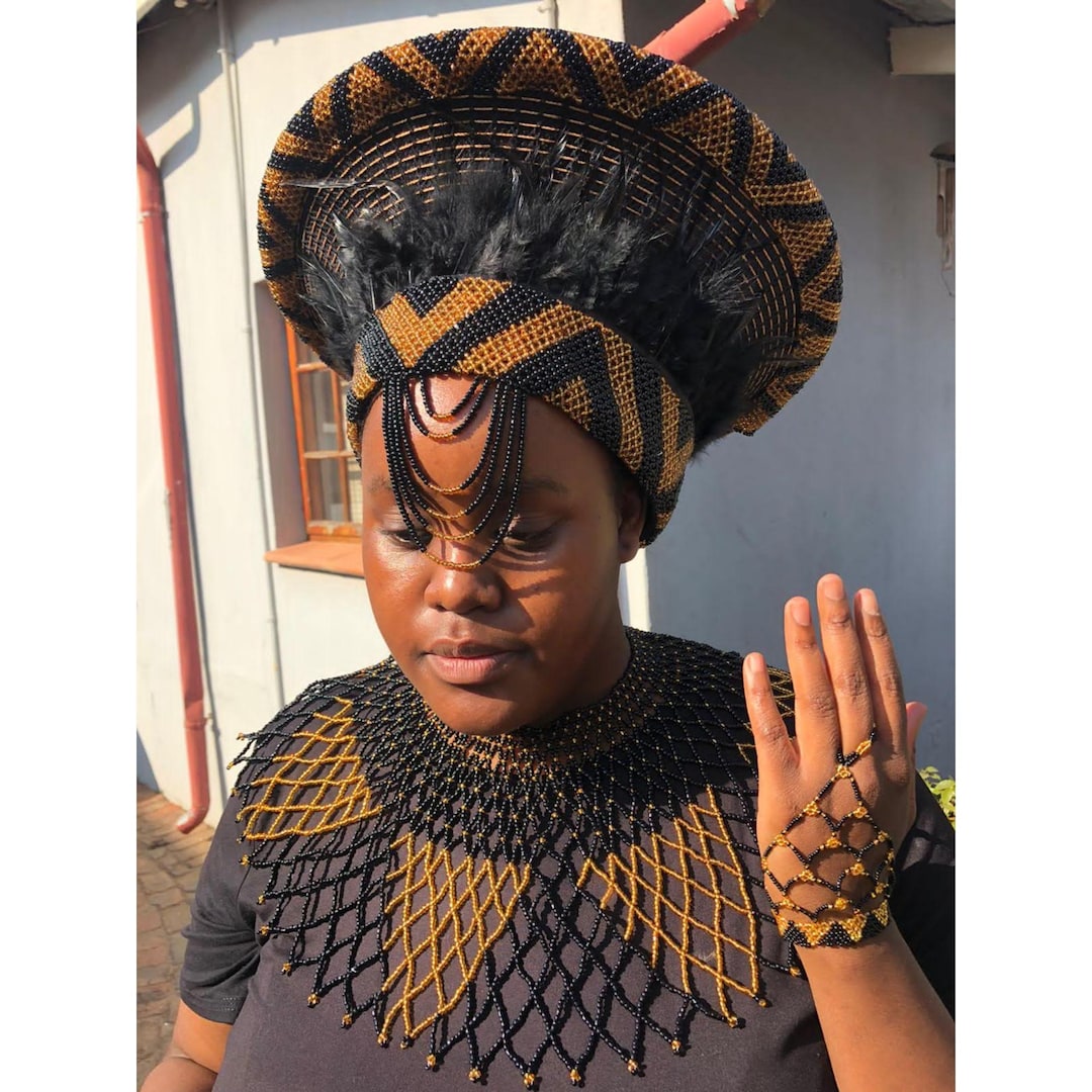 3 in 1 Gold and Black Zulu Isicholo Hat Set| Traditional African ...