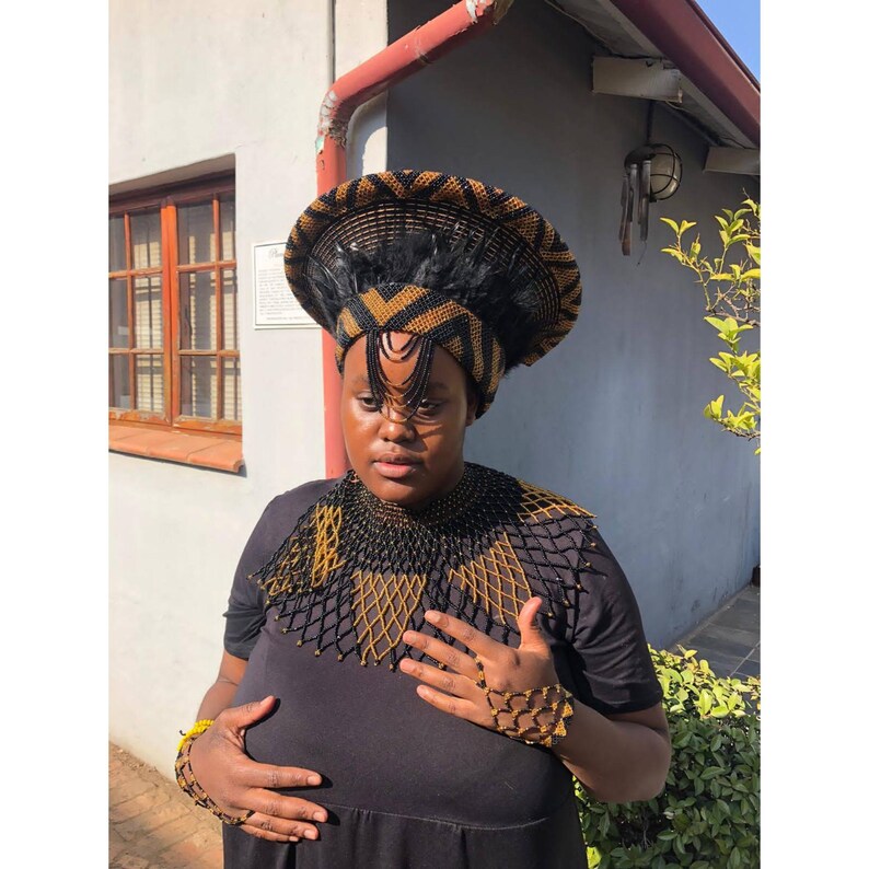 3 in 1 Gold and Black Zulu Isicholo Hat Set| Traditional African ...