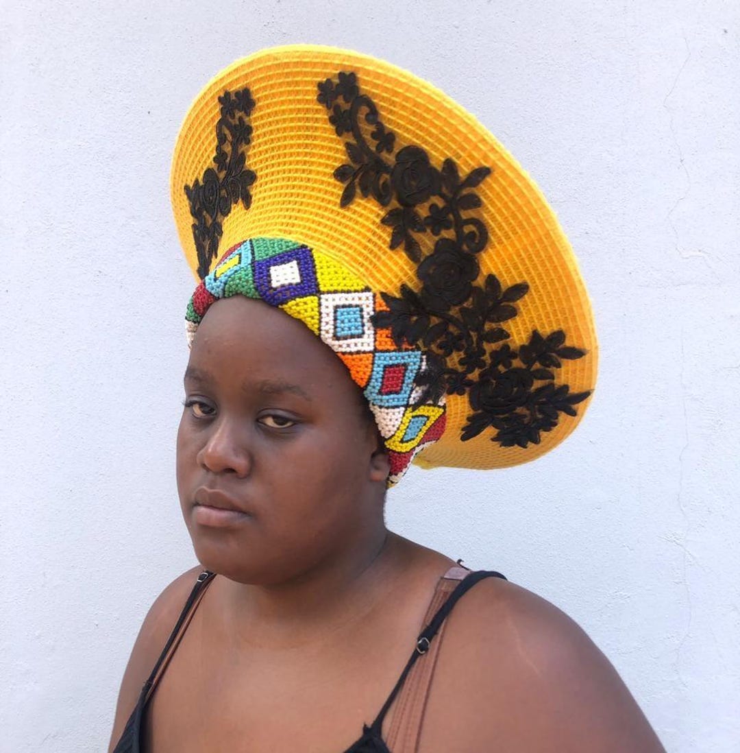 Handcrafted Yellow Zulu Isicholo Hat - Embellished With Black Flowers ...