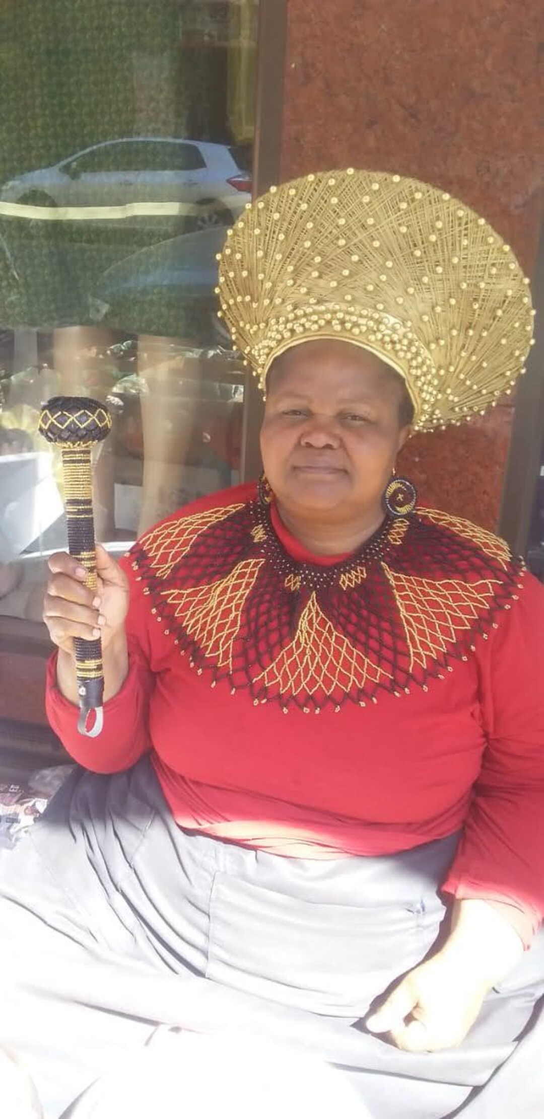 Rare 3-in-1 Woven Gold Zulu Isicholo Hat With Gold Pearls, Necklace ...