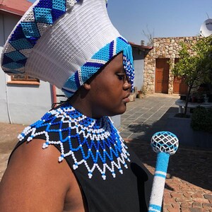4 in 1 Blue and White Zulu Isicholo Hat Set| Traditional African ...
