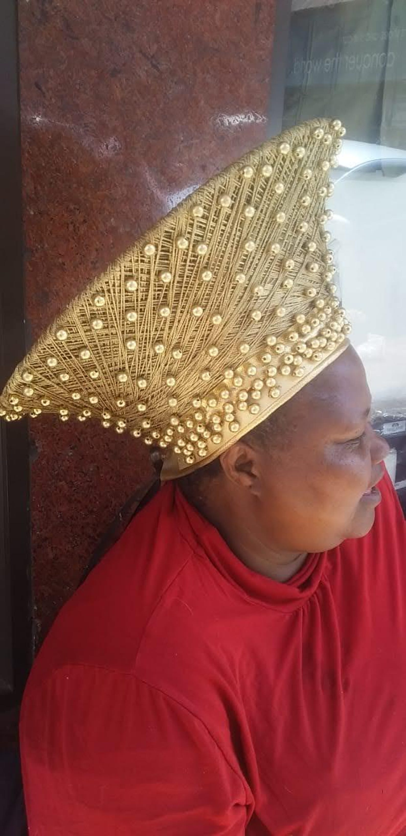 Rare 3-in-1 Woven RED Zulu Isicholo Hat With Gold Pearls, Necklace ...