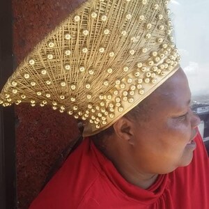 Rare 3-in-1 Woven RED Zulu Isicholo Hat With Gold Pearls, Necklace ...