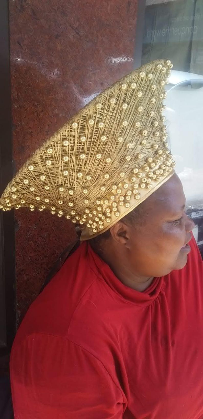 Rare 3-in-1 Woven RED Zulu Isicholo Hat With Gold Pearls, Necklace ...