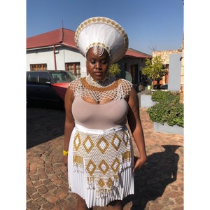 Handcrafted White and Gold Zulu Isicholo Hat Set With Skirt, Necklace ...